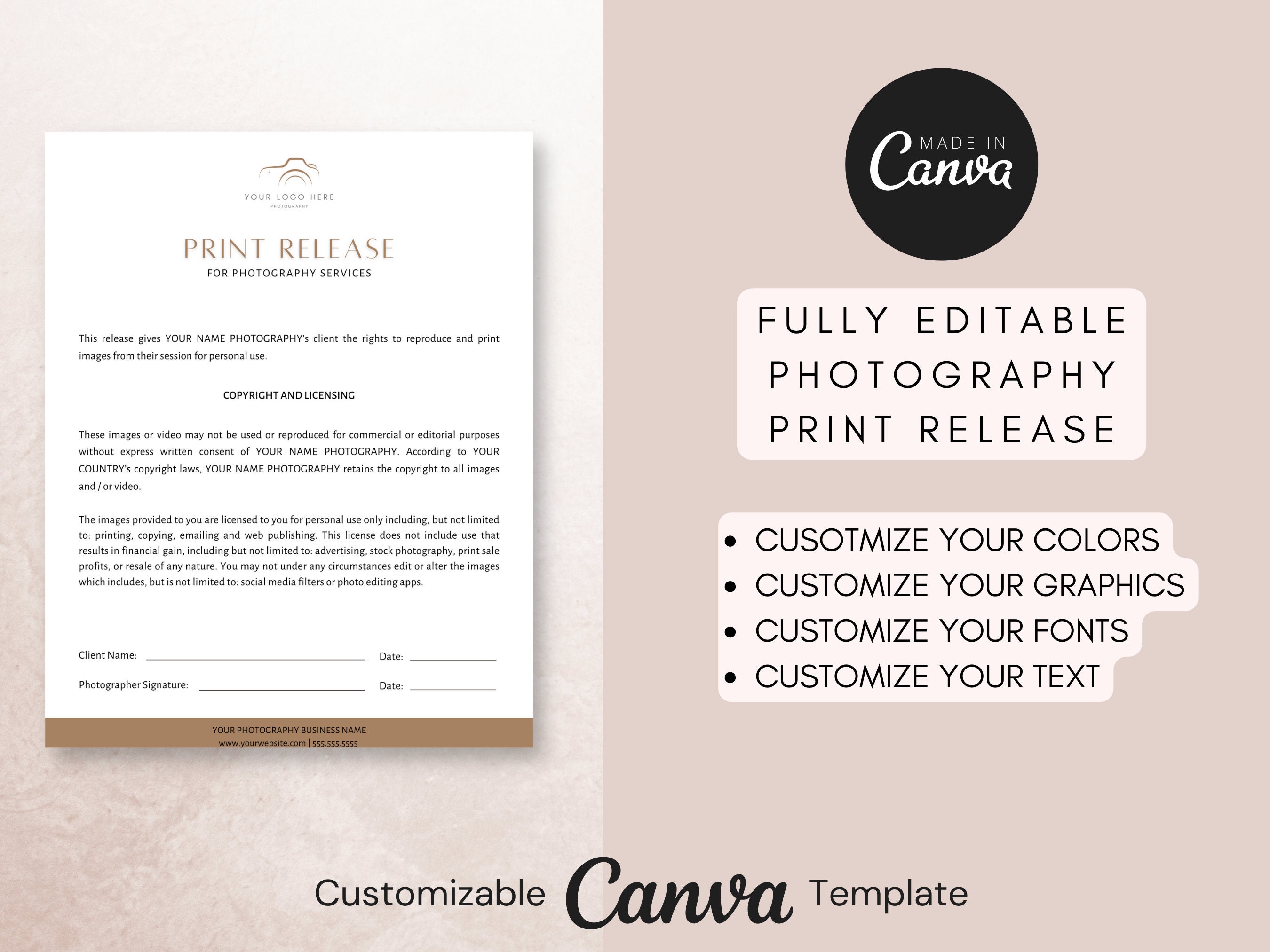 Print Release Form for Photography, Photo Release Form Editable in ...