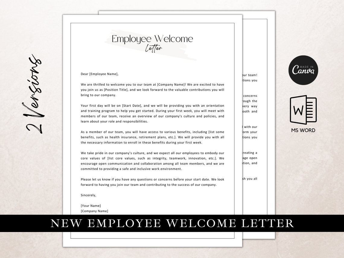 New Employee Welcome Letter Editable in Canva or Microsoft Word, New ...