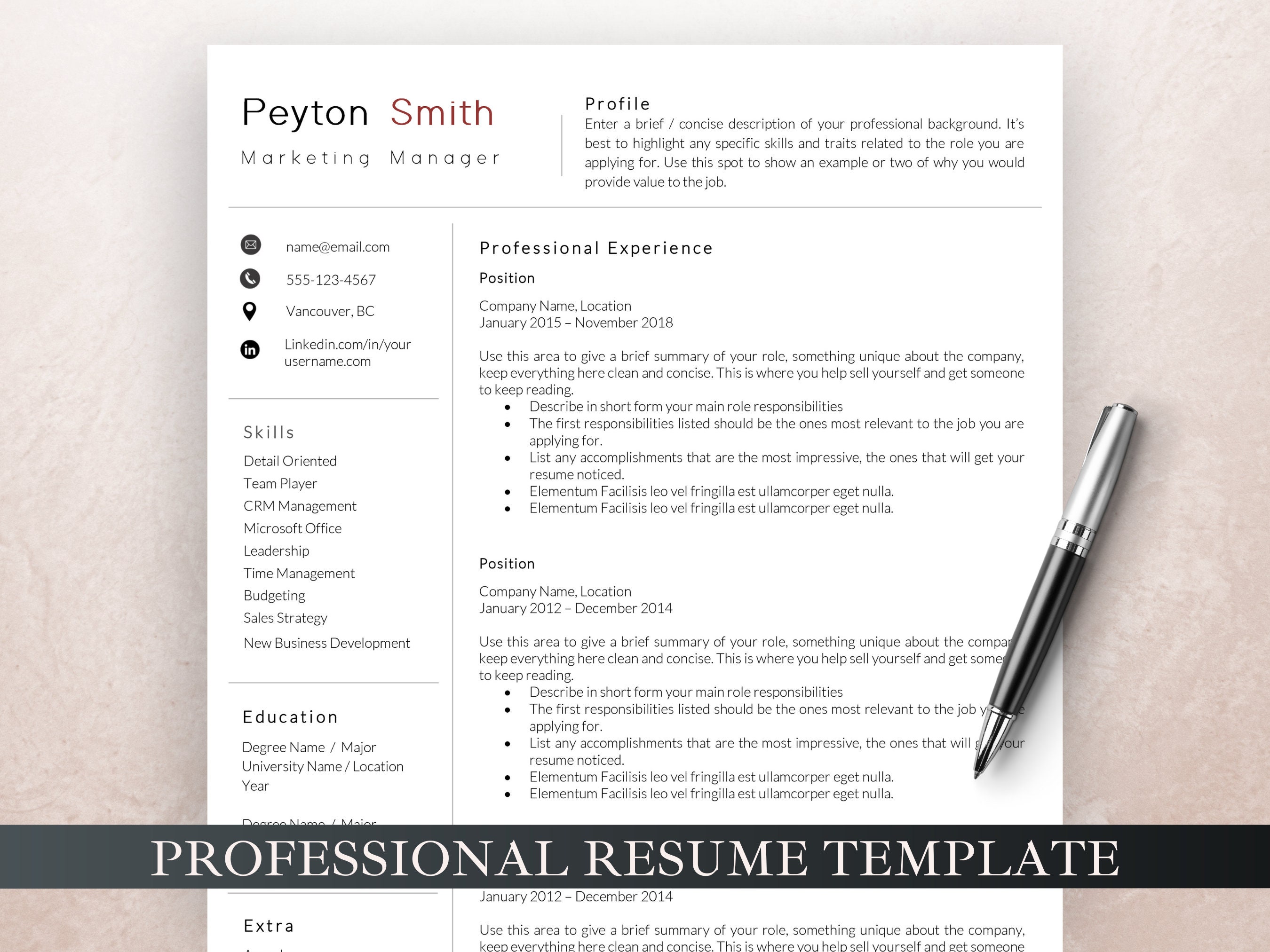 2 Page Resume Template, Simple CV Template for Word and Pages, Cover ...