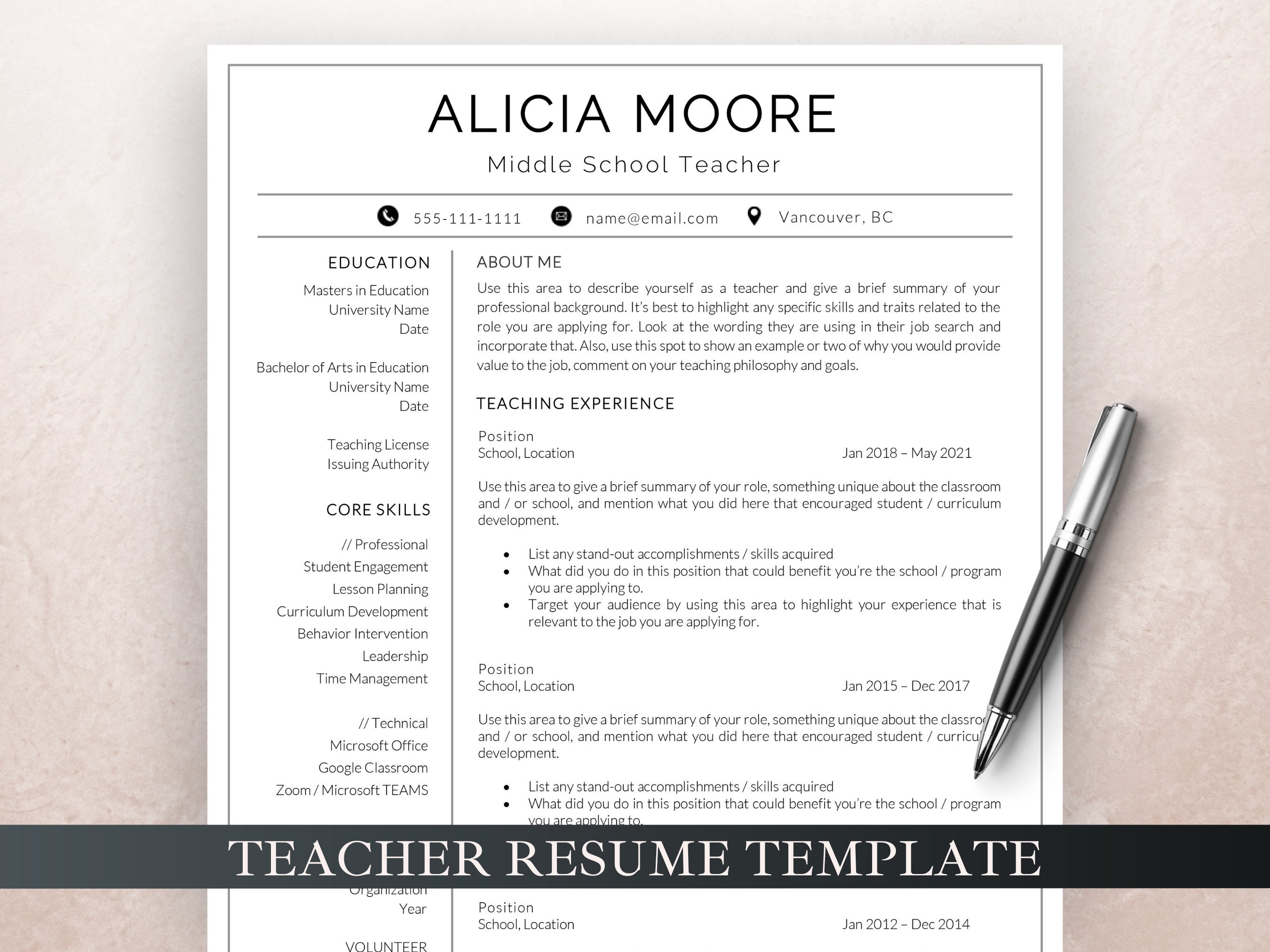 Teacher Resume, Resume Template for Word & Pages, Teacher CV ...