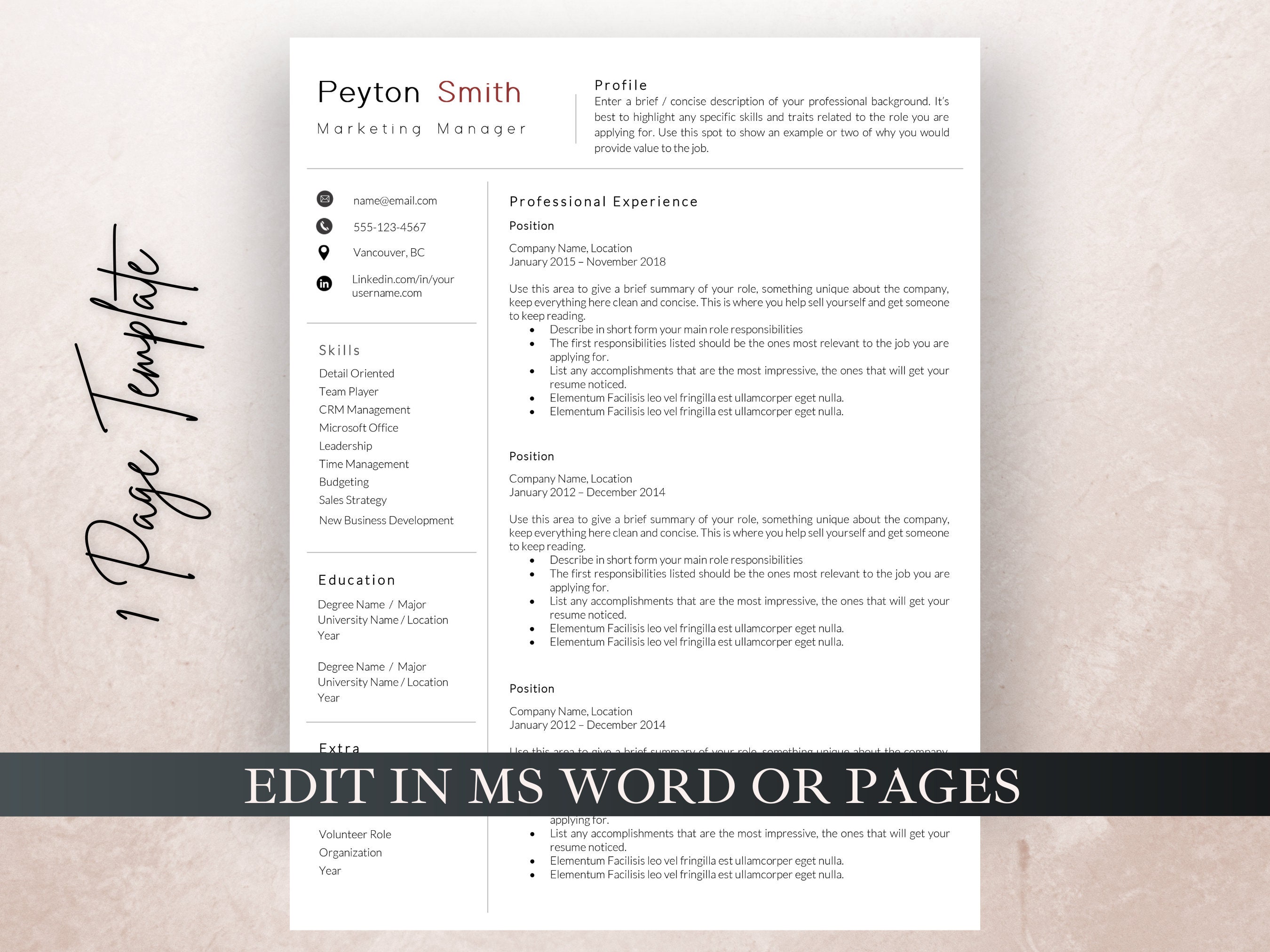 2 Page Resume Template, Simple CV Template for Word and Pages, Cover ...