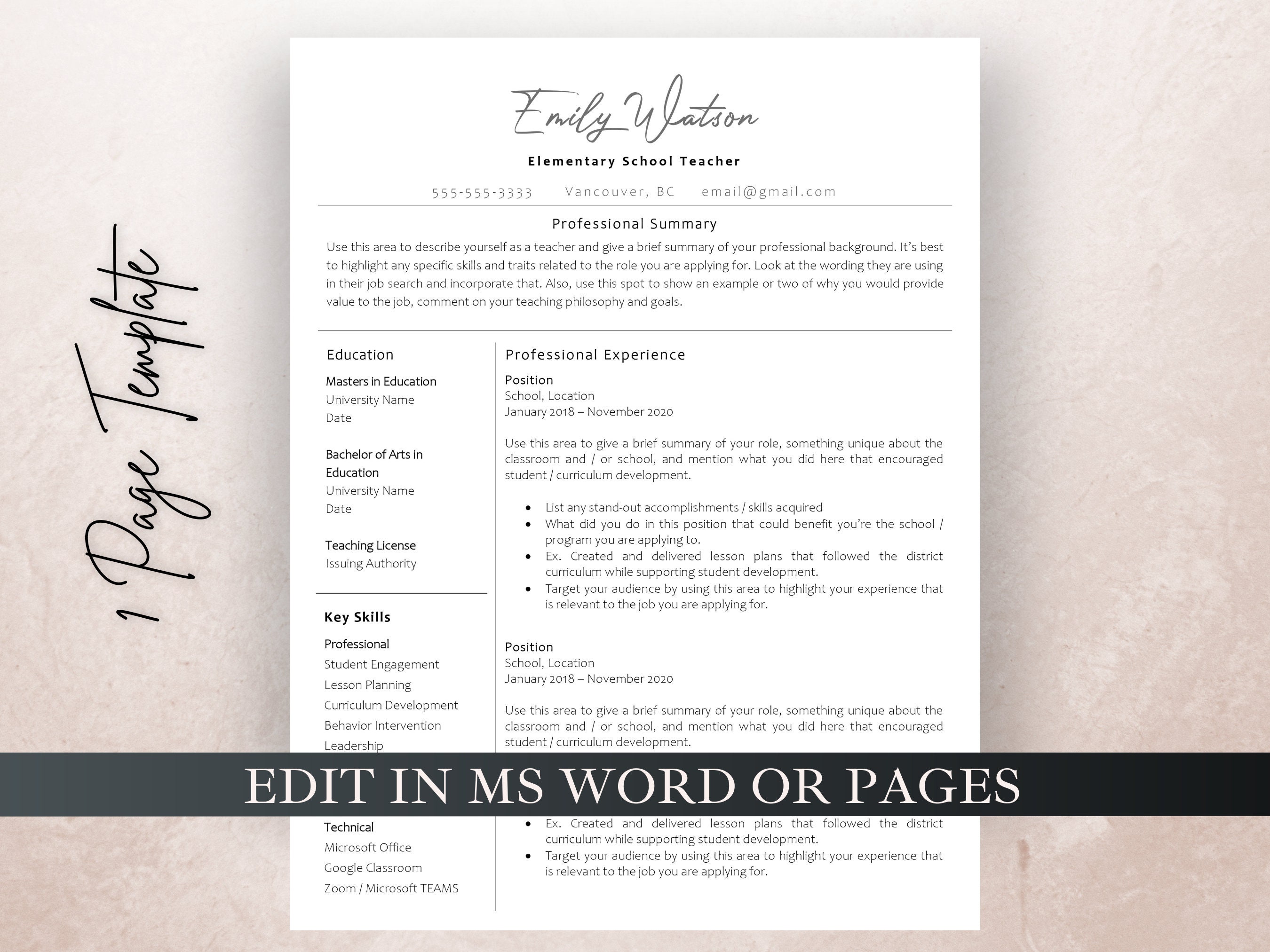 Teacher Resume Template for Word & Pages, Teacher CV Template ...
