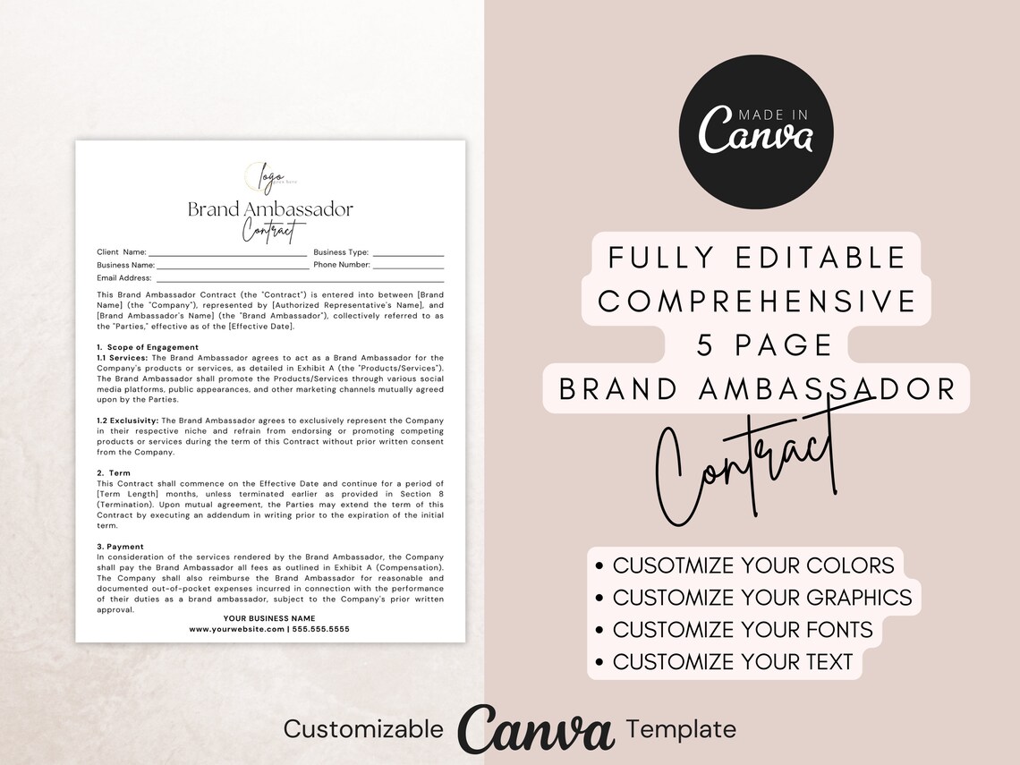 Brand Ambassador Contract Template, Edit in Canva, Brand Ambassador ...