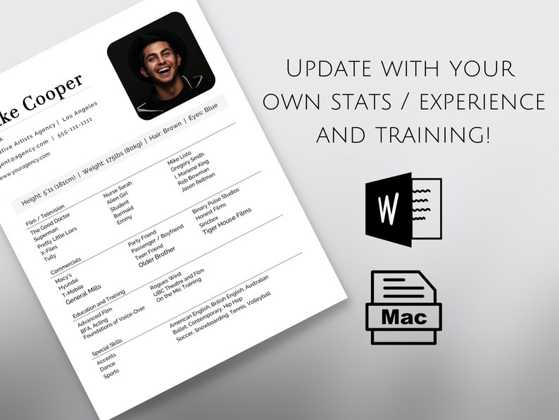 Acting Resume Template Editable in MS Word or Pages | Actor Resume ...