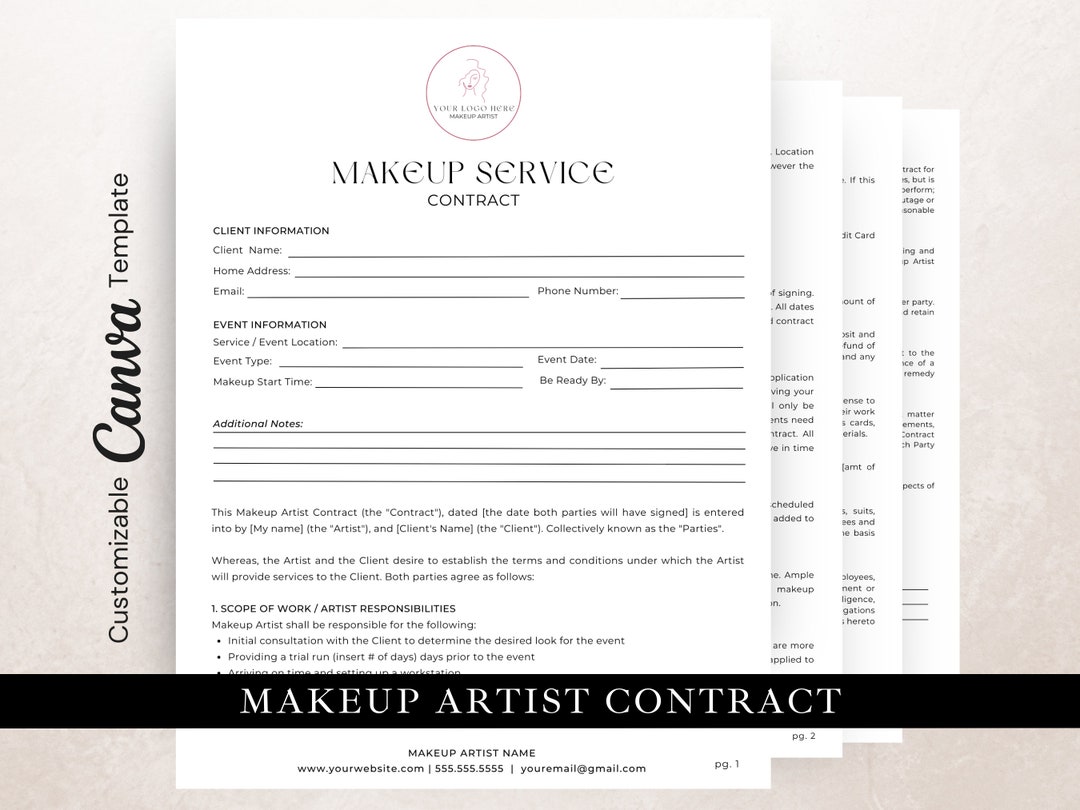 Makeup Artist Contract Template, Edit in Canva, Wedding Makeup Agreement Form, Event Makeup ...