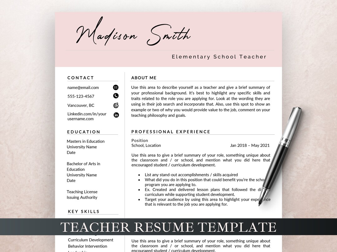 Teacher Resume Template for Word & Pages | Teacher CV Template ...