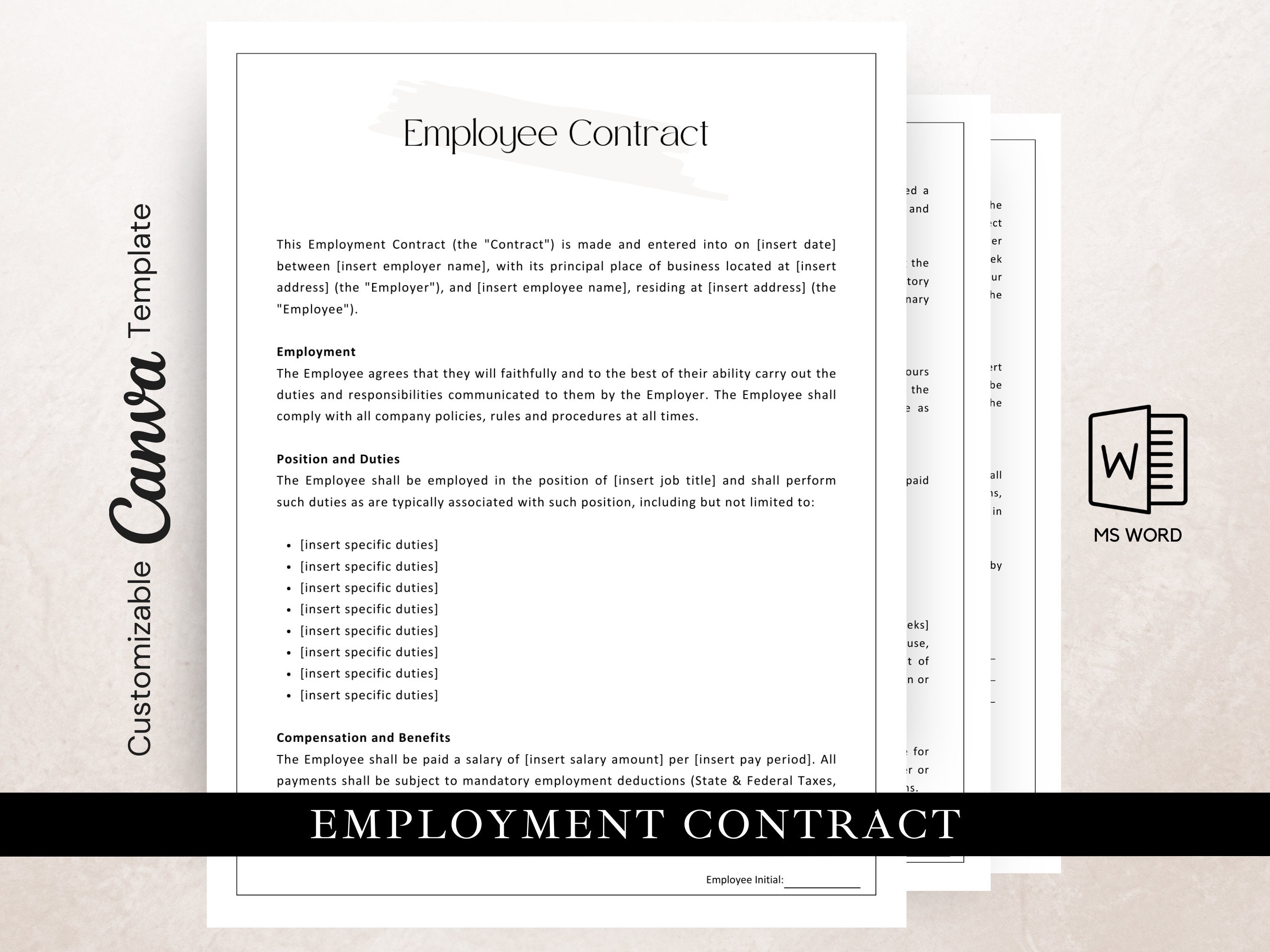 Employment Contract Editable in Canva or Microsoft Word, New Hire ...
