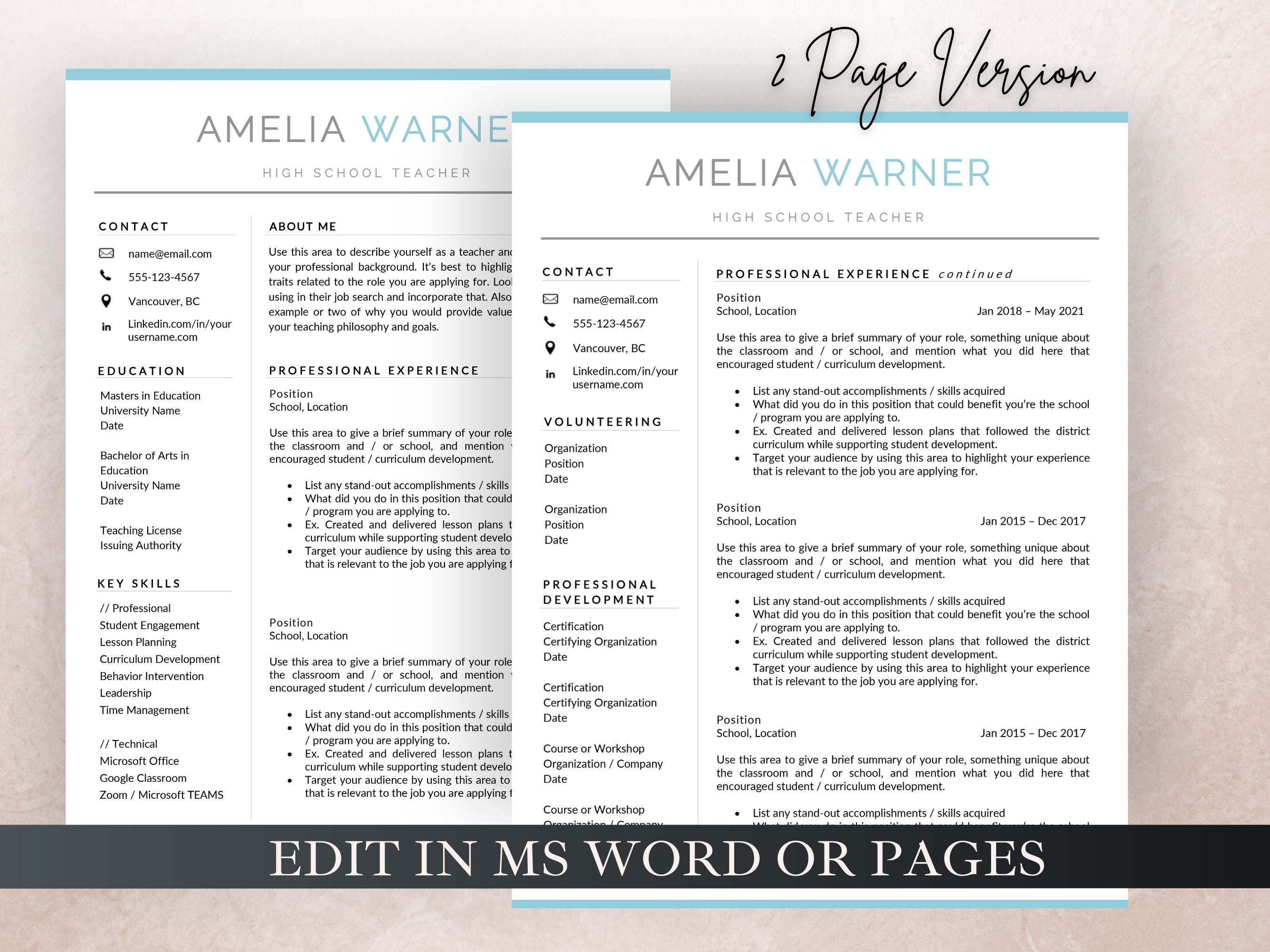 Teacher Resume Template for Word & Pages, Teacher CV Template ...