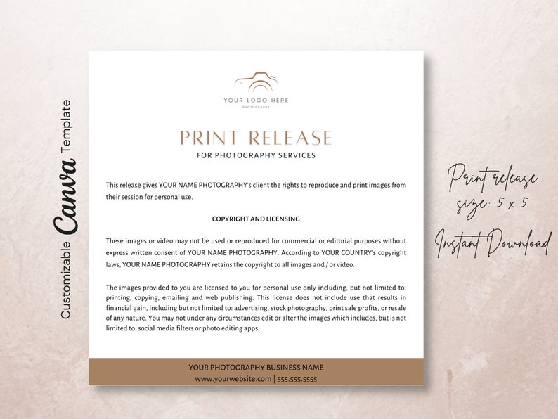 Print Release Form for Photography, Photo Release Form Editable in ...