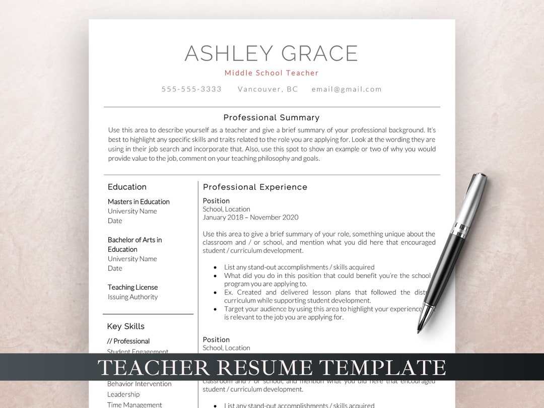 Teacher Resume Template for Word & Pages, Teacher CV Template ...