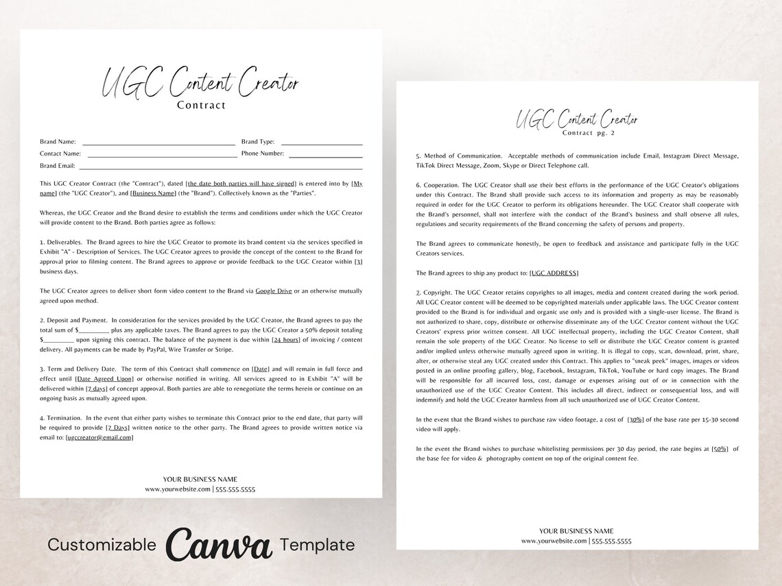 UCG Creator Contract UGC Templates UGC Agreement Template - Etsy Canada