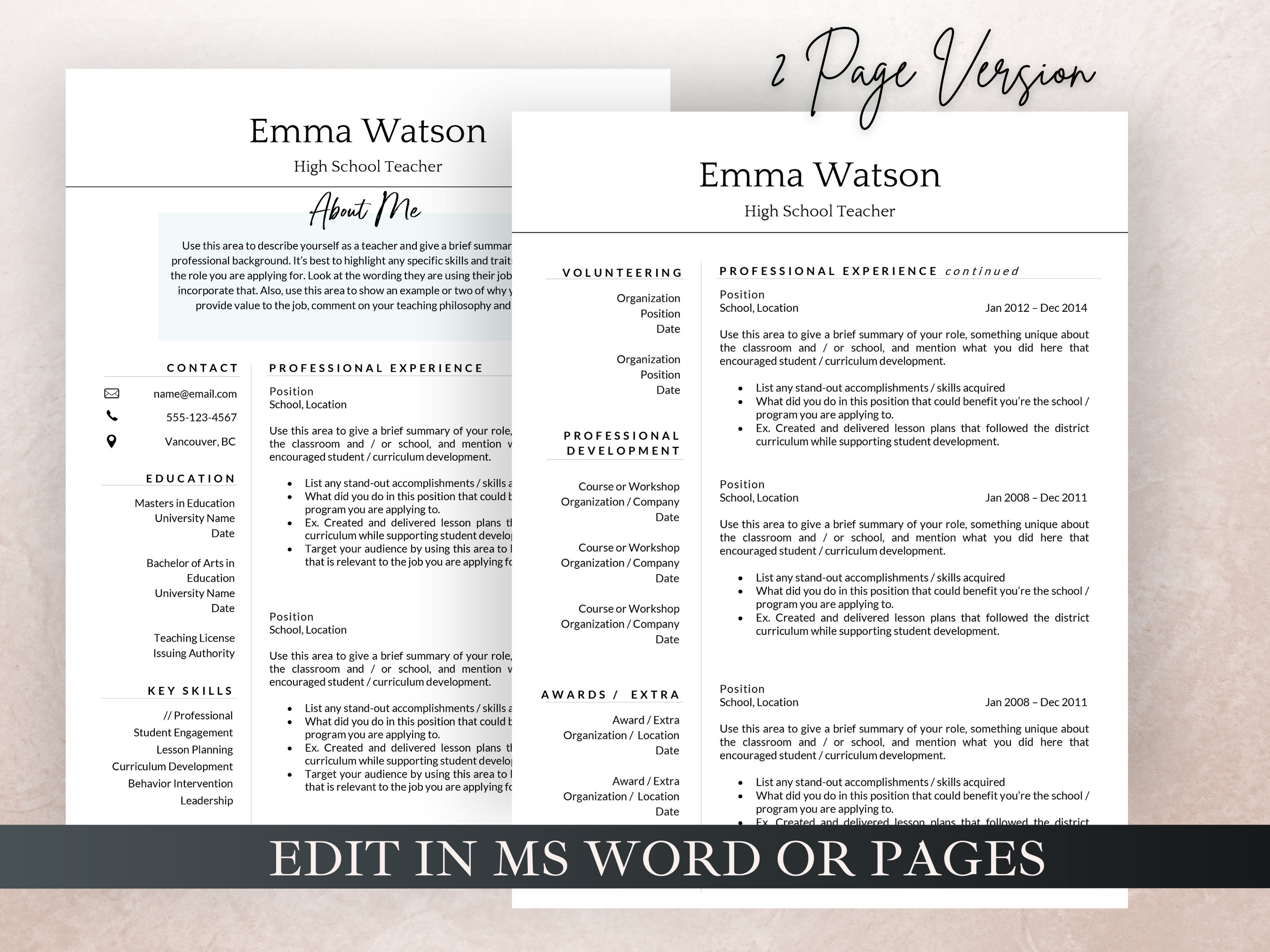 Teacher Resume Template for Word & Pages, Teacher CV Template ...