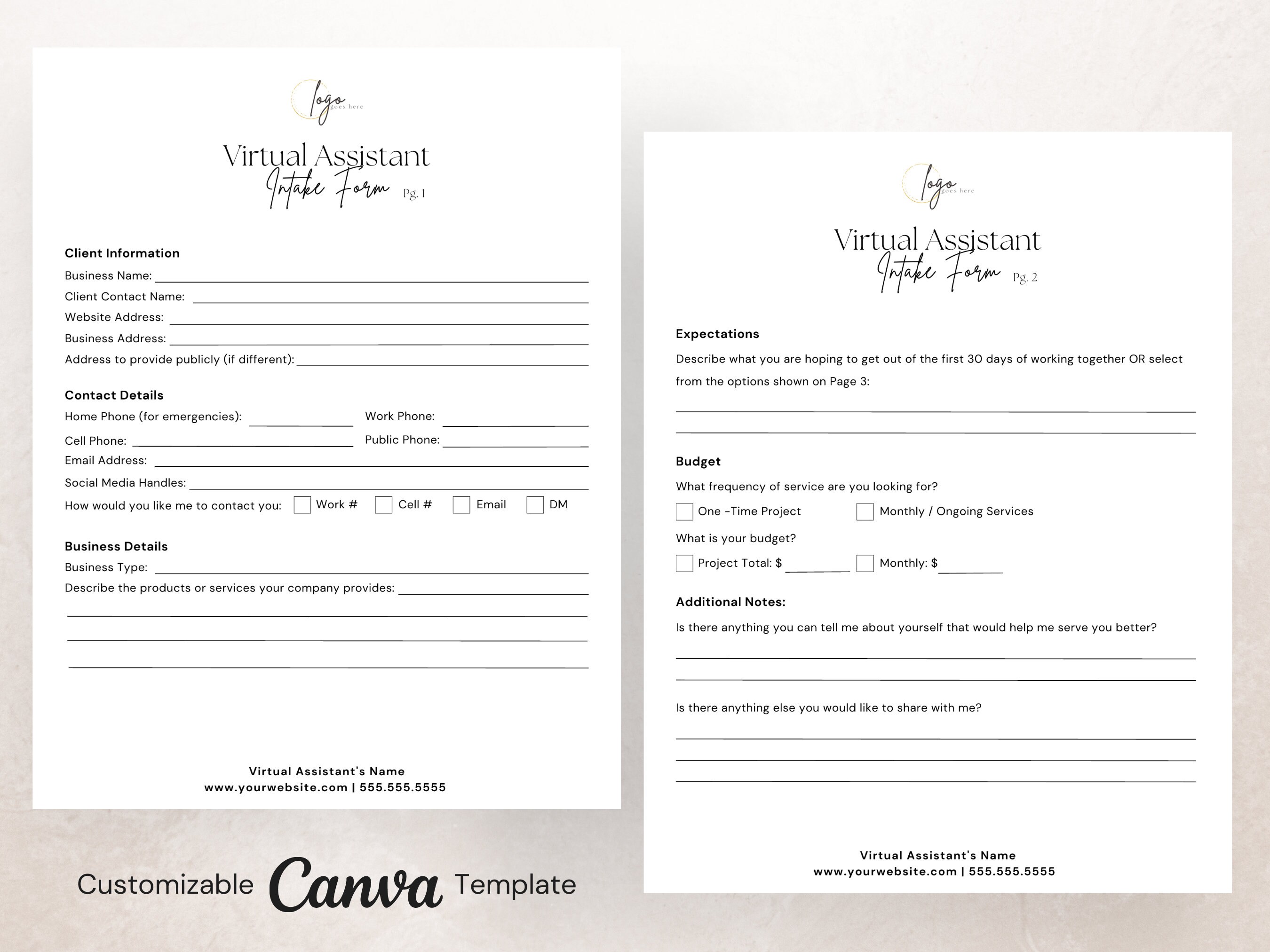 Virtual Assistant Client Intake Form, VA Client Questionnaire, Editable in Canva, Virtual ...
