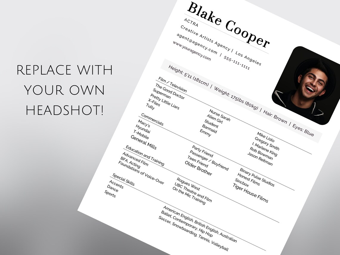 Acting Resume Template Editable in MS Word or Pages | Actor Resume ...