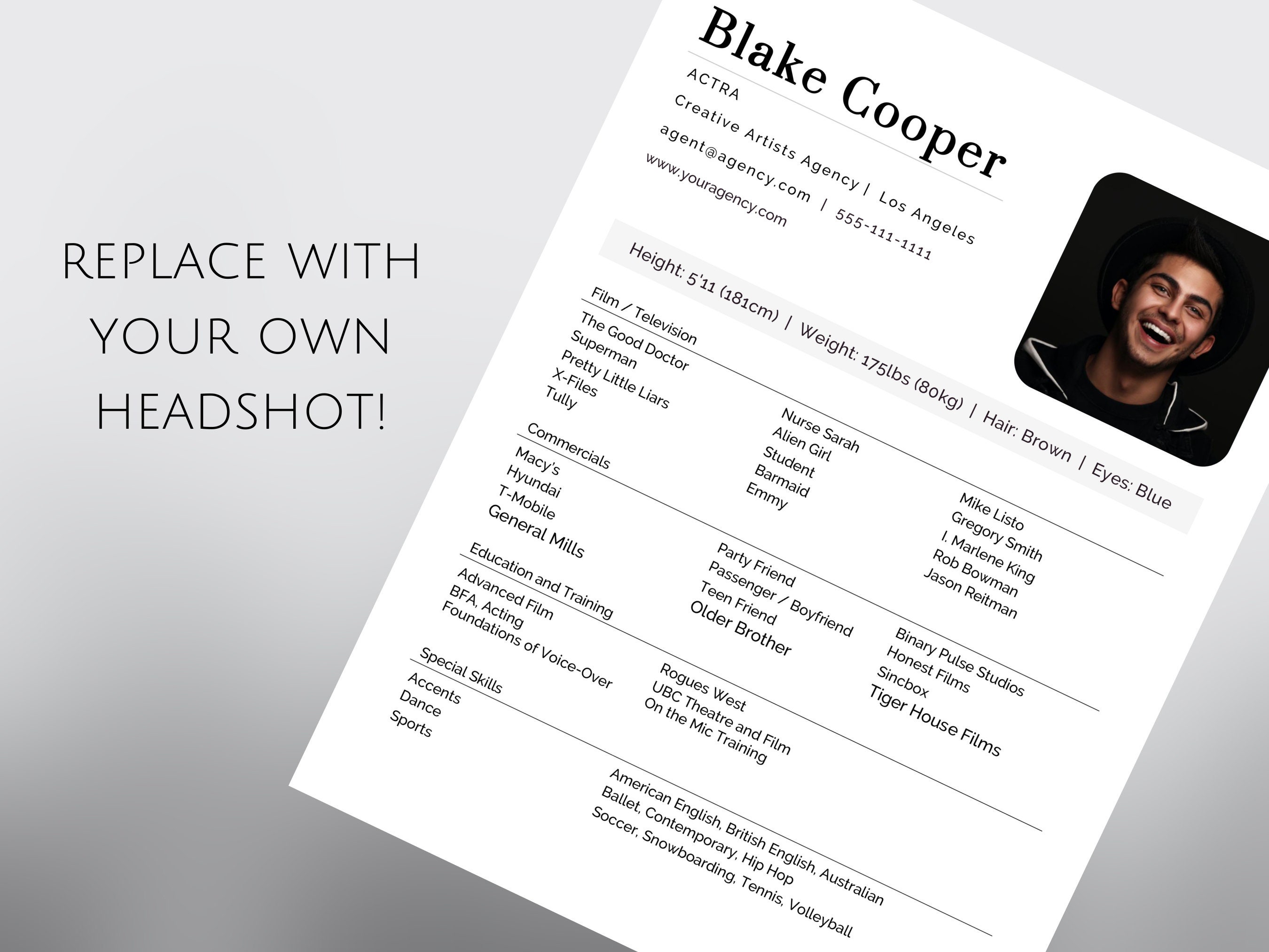 Acting Resume Template Editable in MS Word or Pages | Actor Resume | 8x10 Resume Template ...