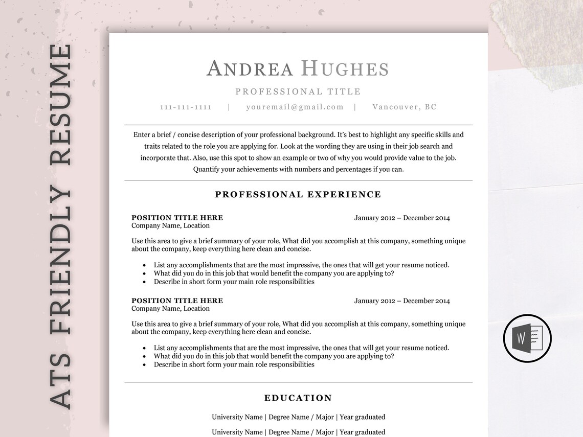 ATS Friendly Resume Template, ATS Resume Template Word , Simple Resume ...
