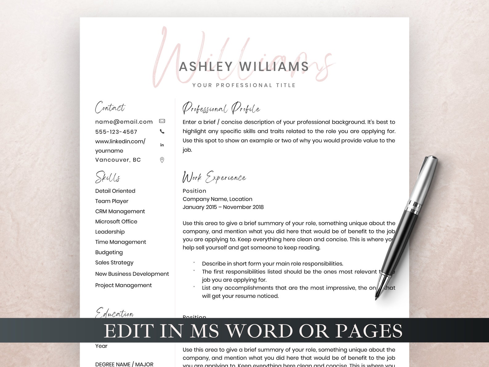 Creative Resume Template for Word and Pages, Professional CV Template ...