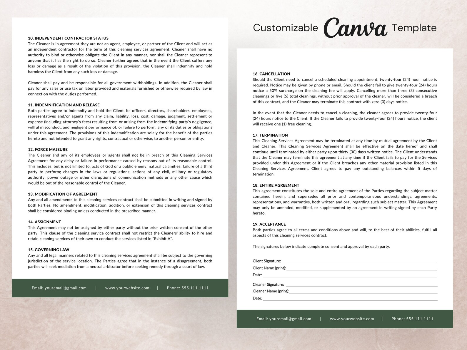 Cleaning Service Contract Template, Editable in Canva, Cleaning Agreement, Residential and ...