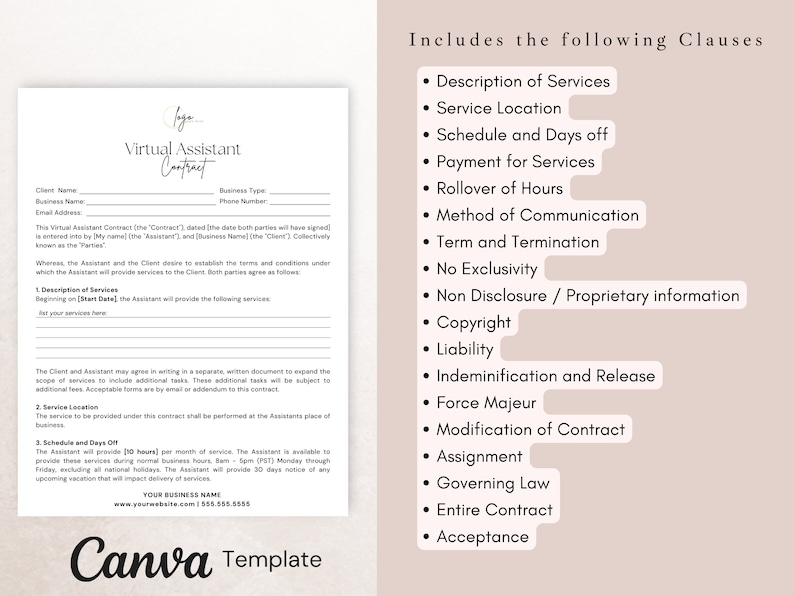 Virtual Assistant Contract Template, Client Agreement, Service Contract ...