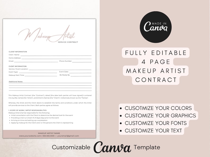 Makeup Artist Contract Template, Edit in Canva, Wedding Makeup ...