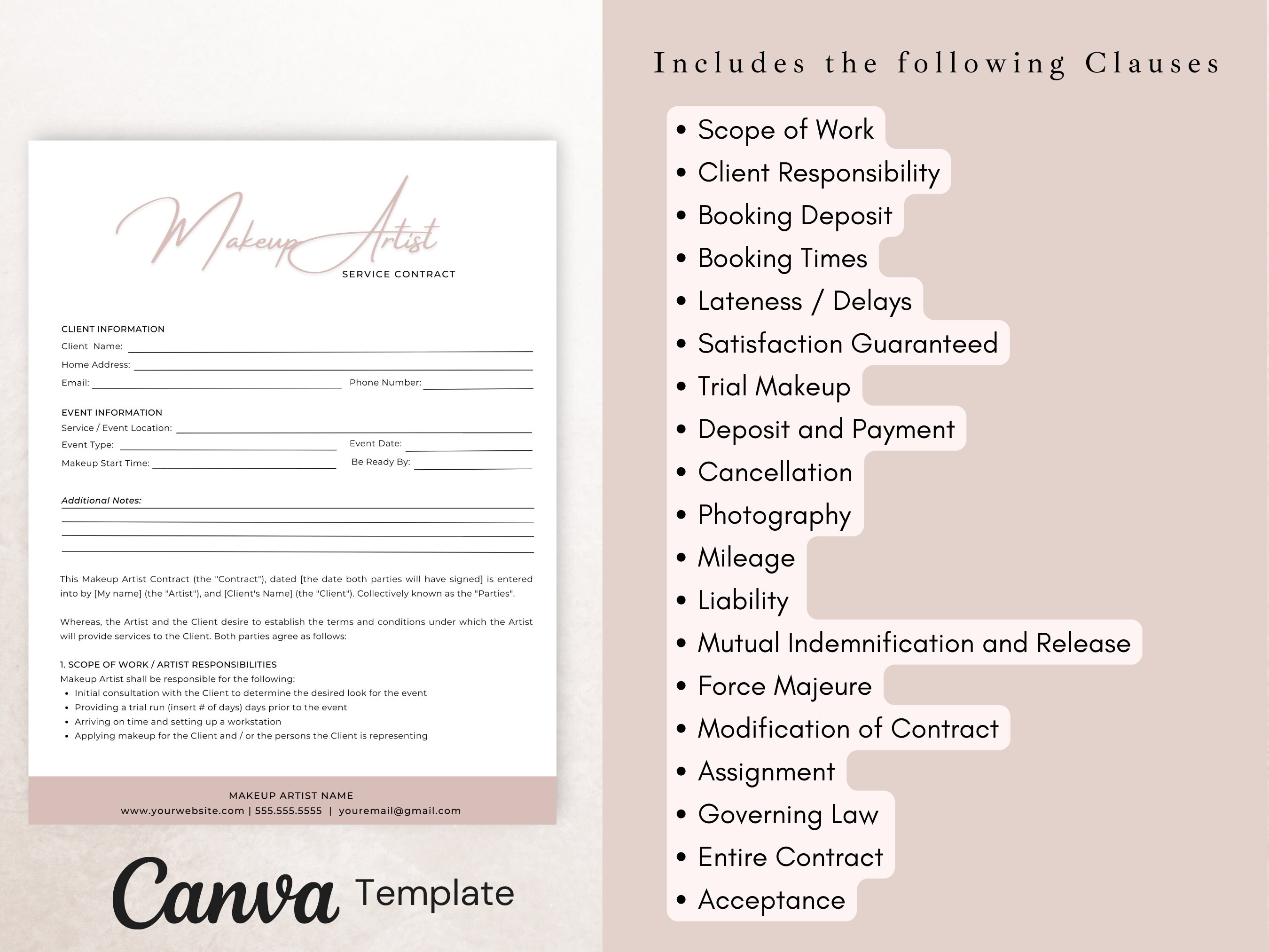 Makeup Artist Contract Template, Edit in Canva, Wedding Makeup ...