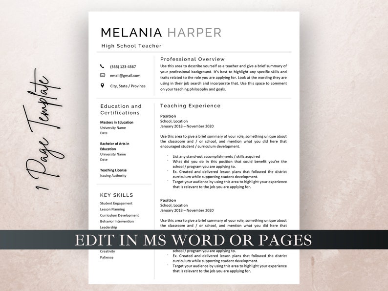 Teacher Resume Template for Word and Pages, Teacher CV Template ...
