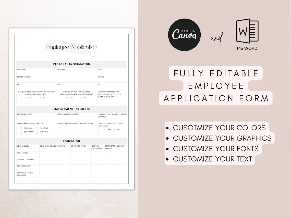 Employment Application Form, Editable in CANVA and MS Word, Forms for ...
