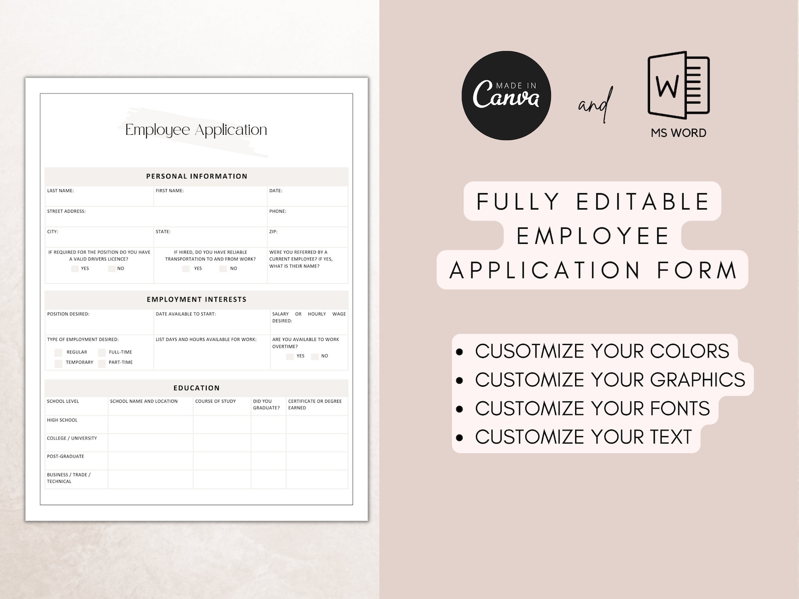 Employment Application Form, Editable in CANVA and MS Word, Forms for ...