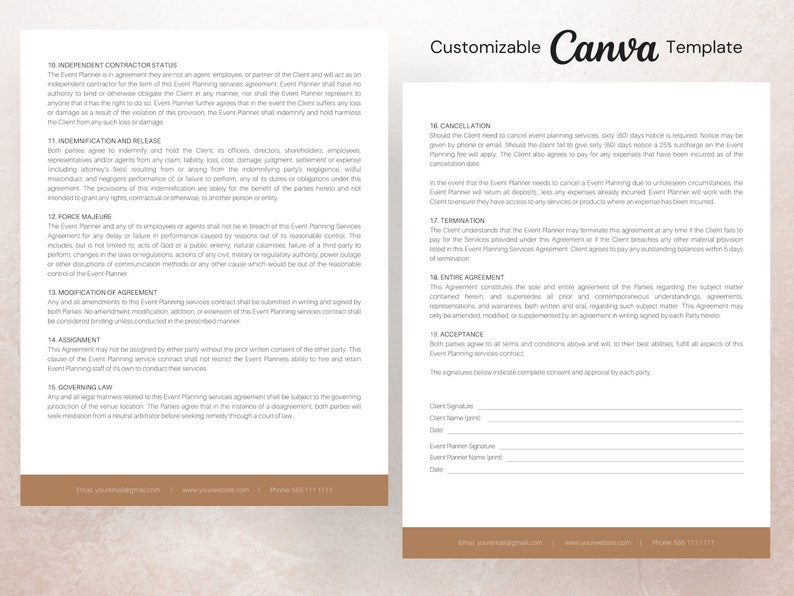 Event Planner Contract Template Edit In Canva Event Planner Etsy