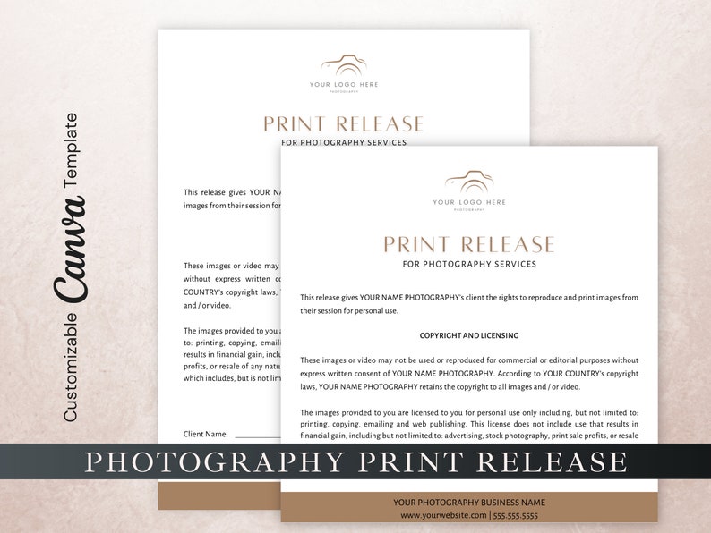 Print Release Form for Photography, Photo Release Form Editable in ...