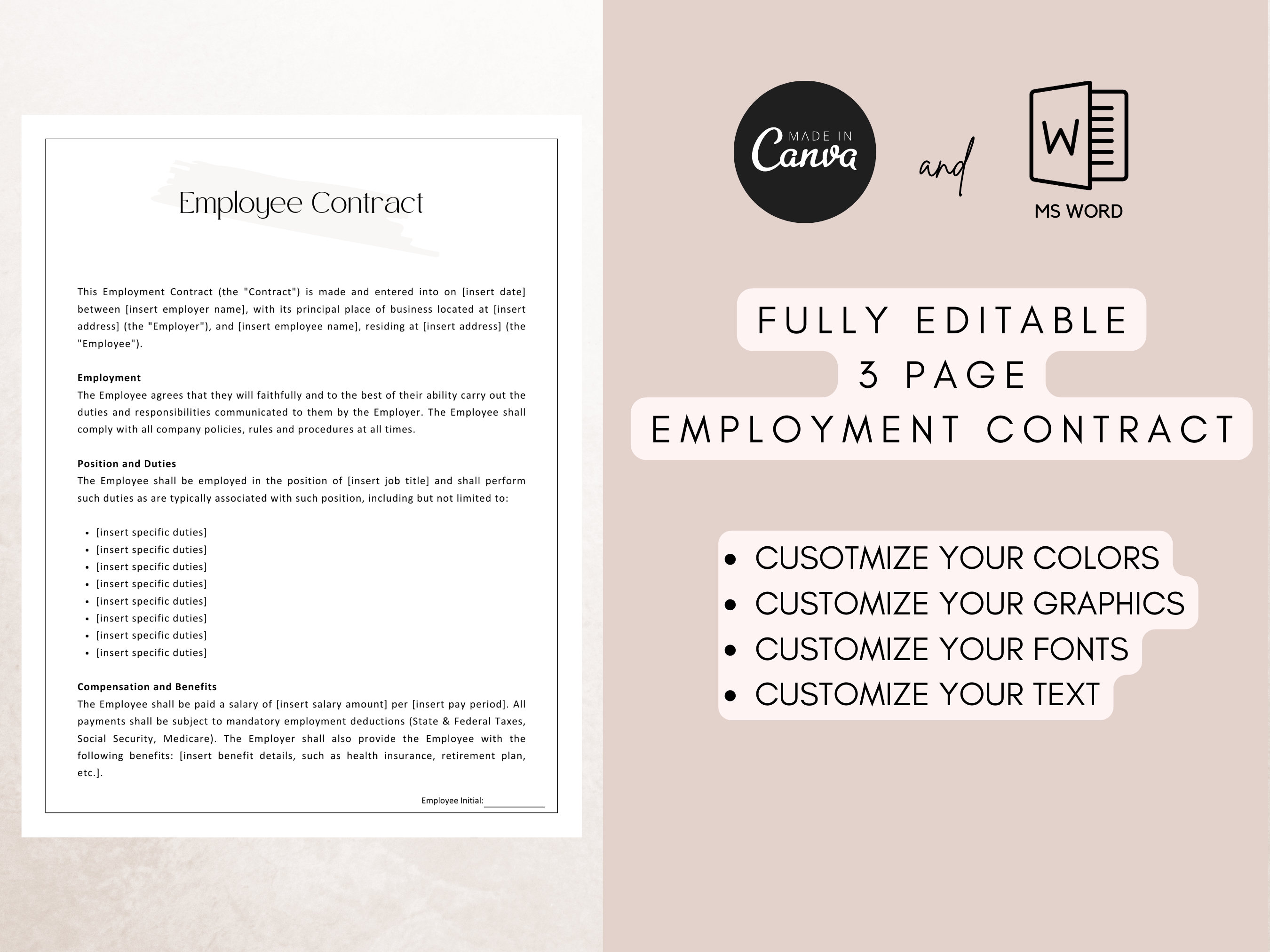 Employment Contract Editable in Canva or Microsoft Word, New Hire ...