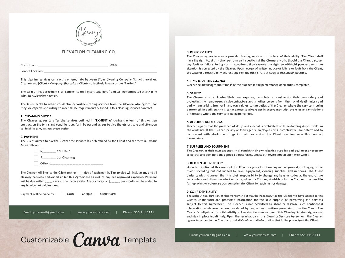 Cleaning Service Contract Template, Editable in Canva, Cleaning Agreement, Residential and ...