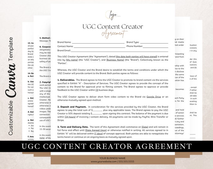 UGC Creator Contract Template UGC Templates User Generated Content UGC ...