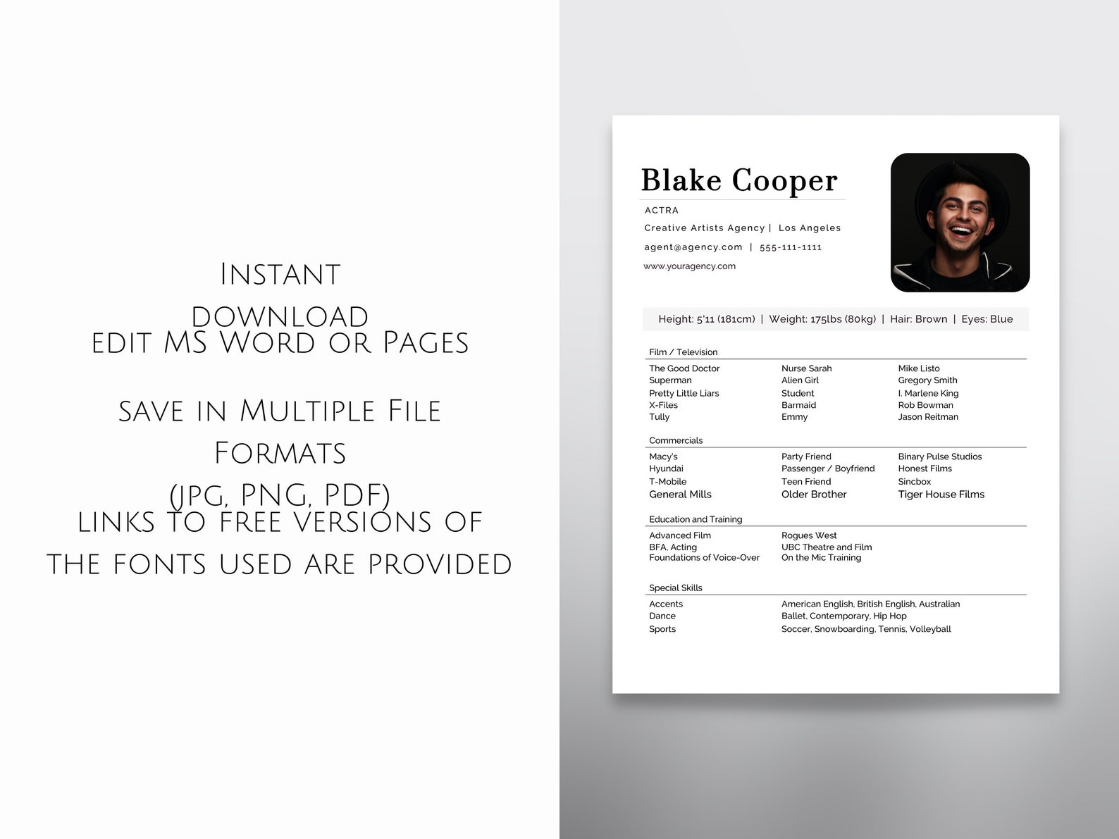 Acting Resume Template Editable in MS Word or Pages | Actor Resume ...