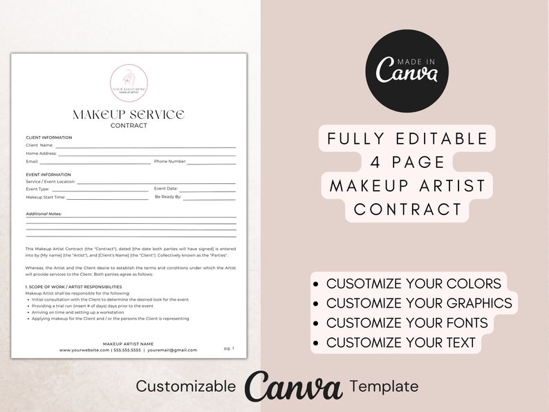 Makeup Artist Contract Template, Edit in Canva, Wedding Makeup ...