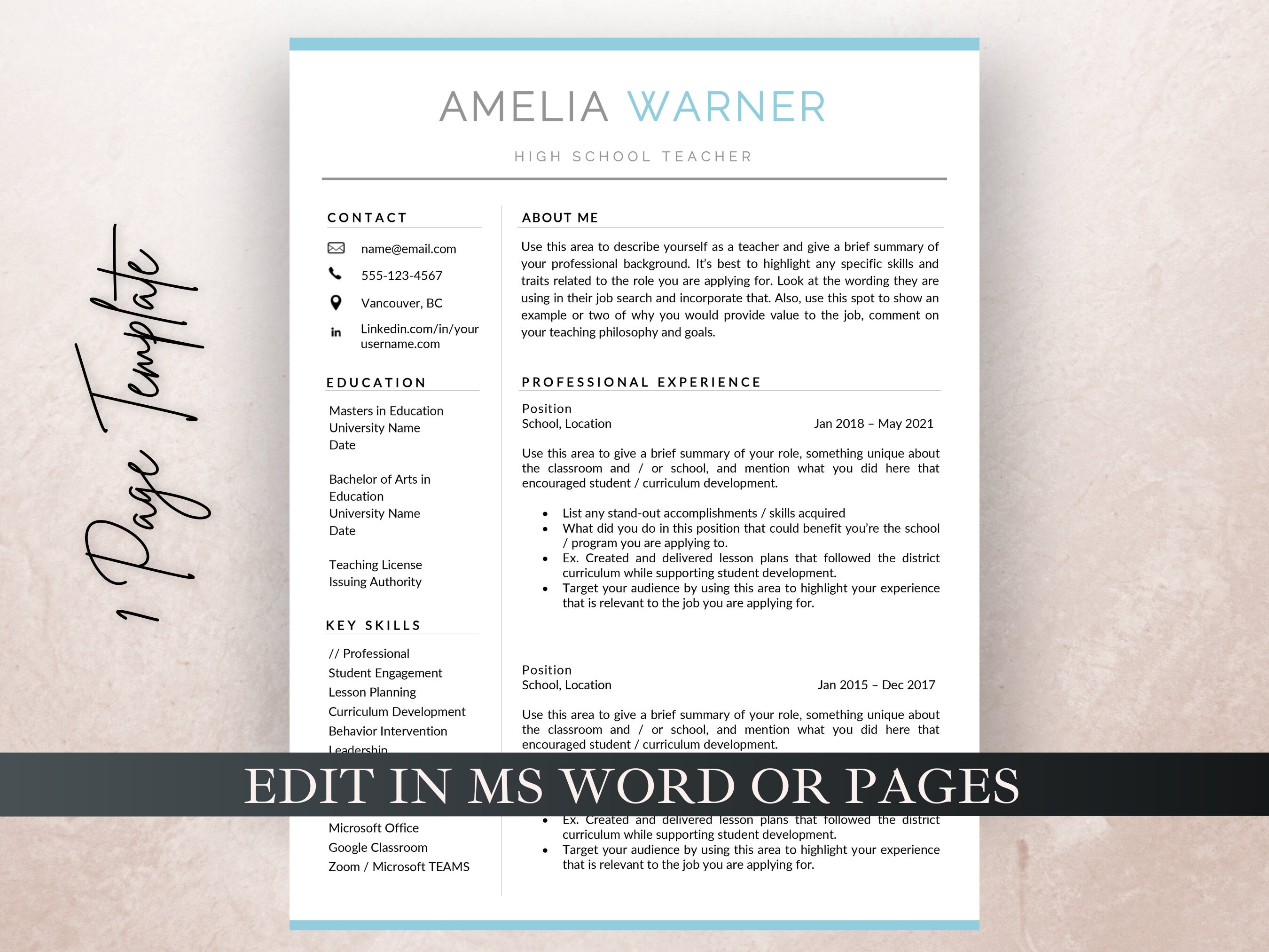 Teacher Resume Template for Word & Pages, Teacher CV Template ...