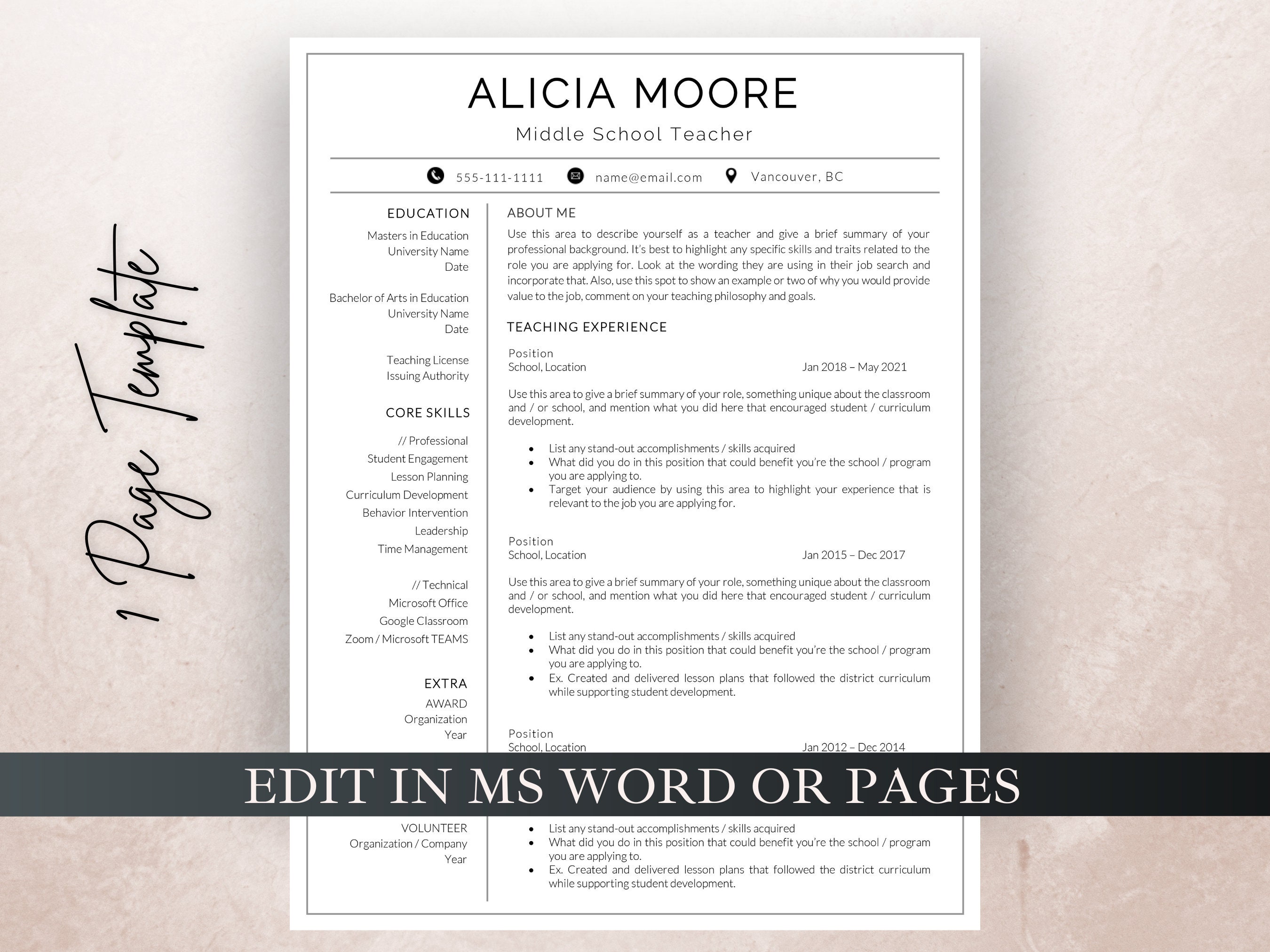 Teacher Resume, Resume Template for Word & Pages, Teacher CV ...