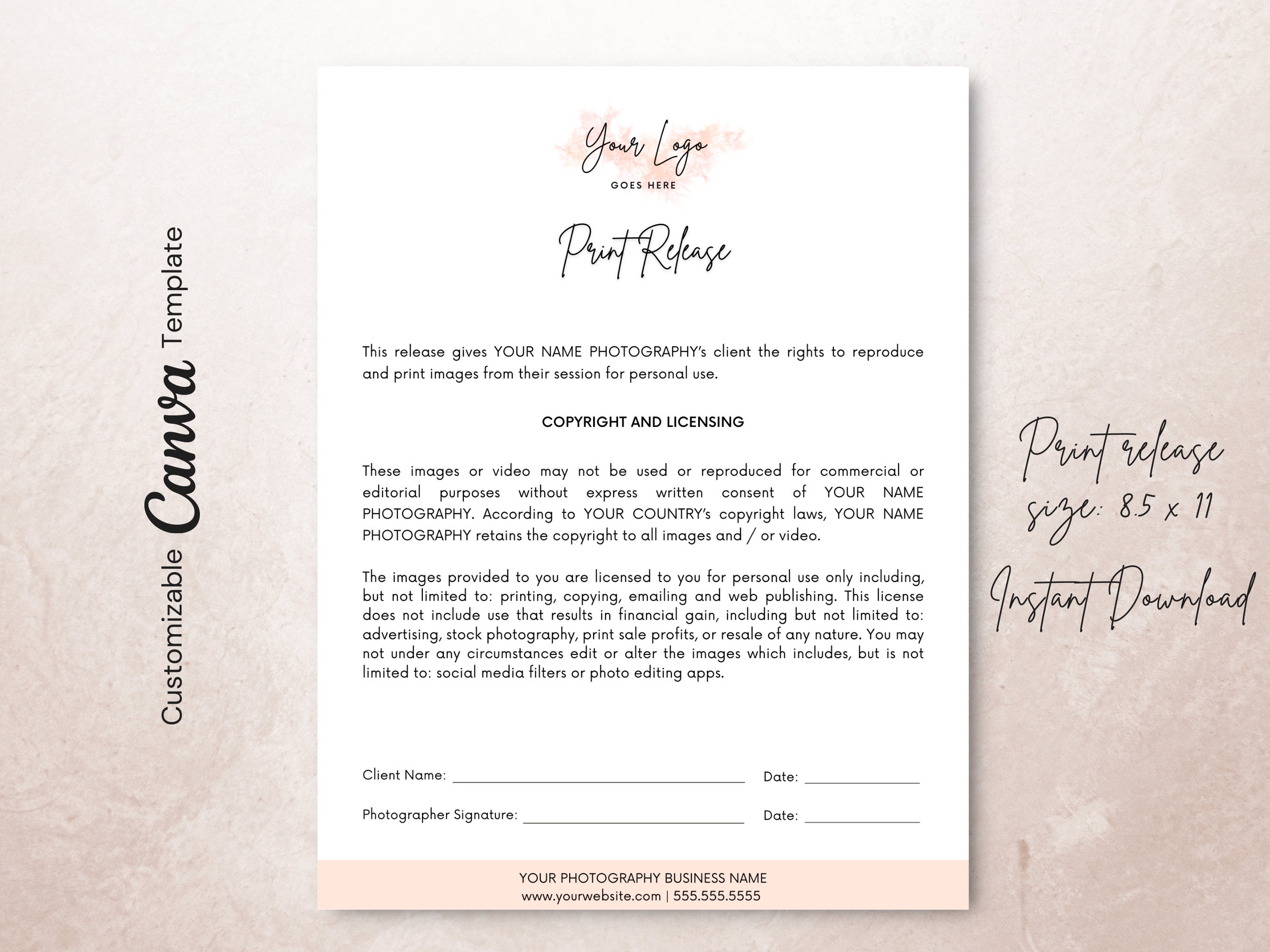 Print Release Form for Photography, Photo Release Form Editable in ...