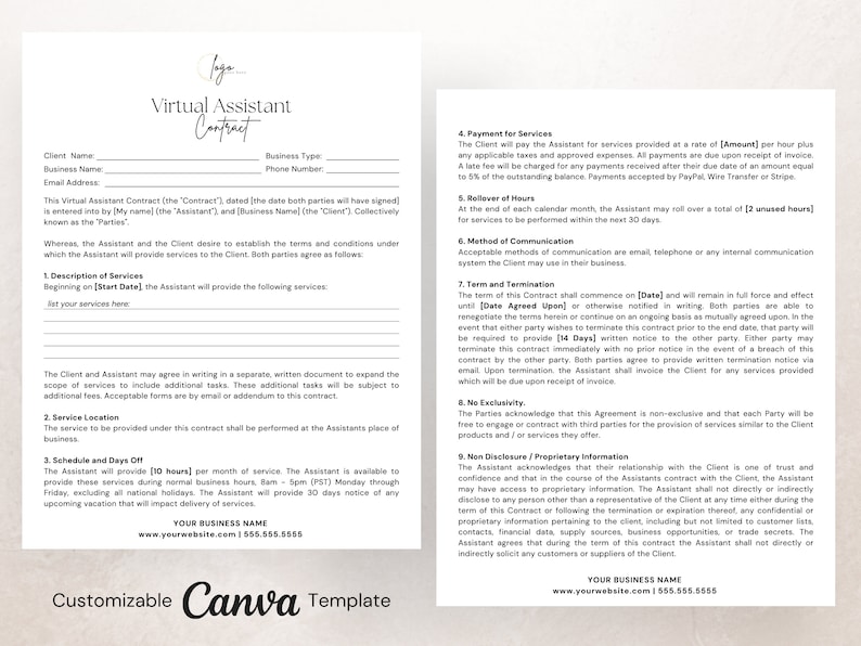 Virtual Assistant Contract Template, Client Agreement, Service Contract ...