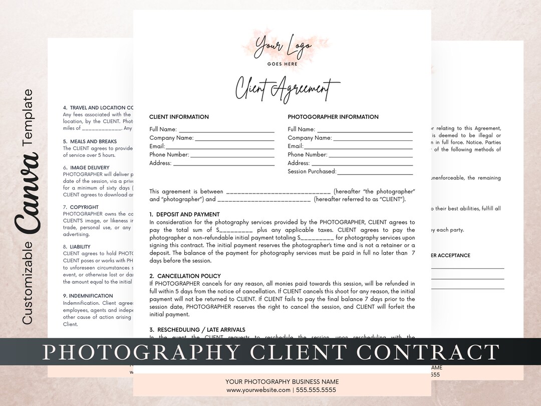 Photography Client Contract Template, Edit in CANVA, Photography Client ...