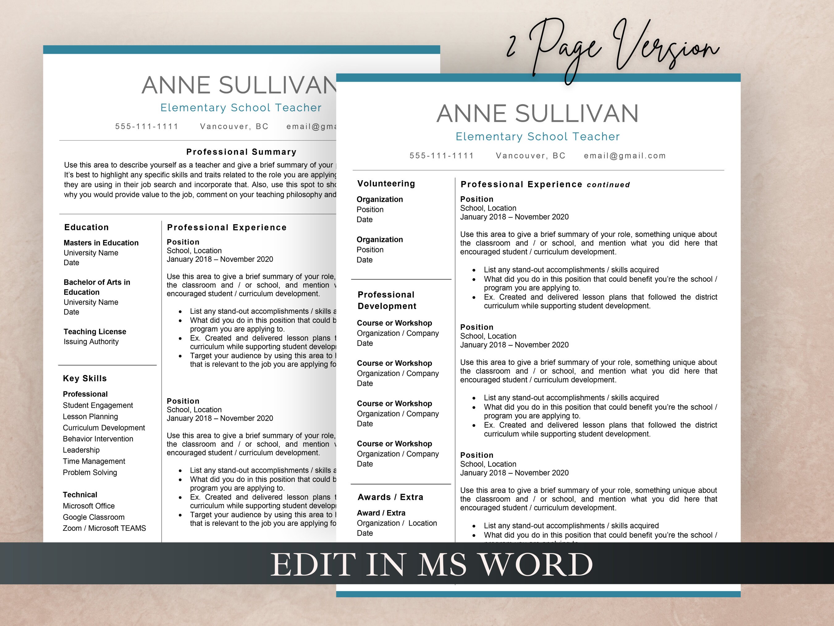Teacher Resume Template for Word, Teacher CV Template, Elementary ...