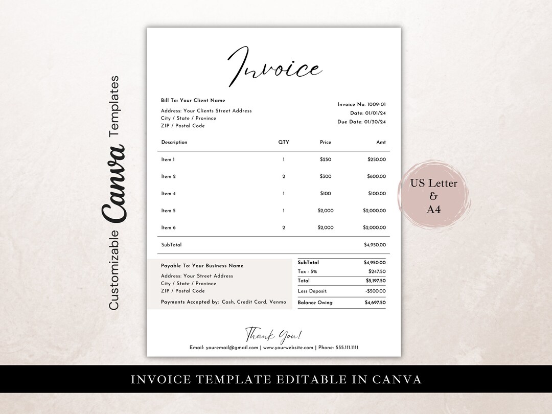 Invoice Template| Editable in Canva, Professional Business Invoice ...
