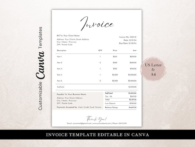 Invoice Template| Editable in Canva, Professional Business Invoice ...