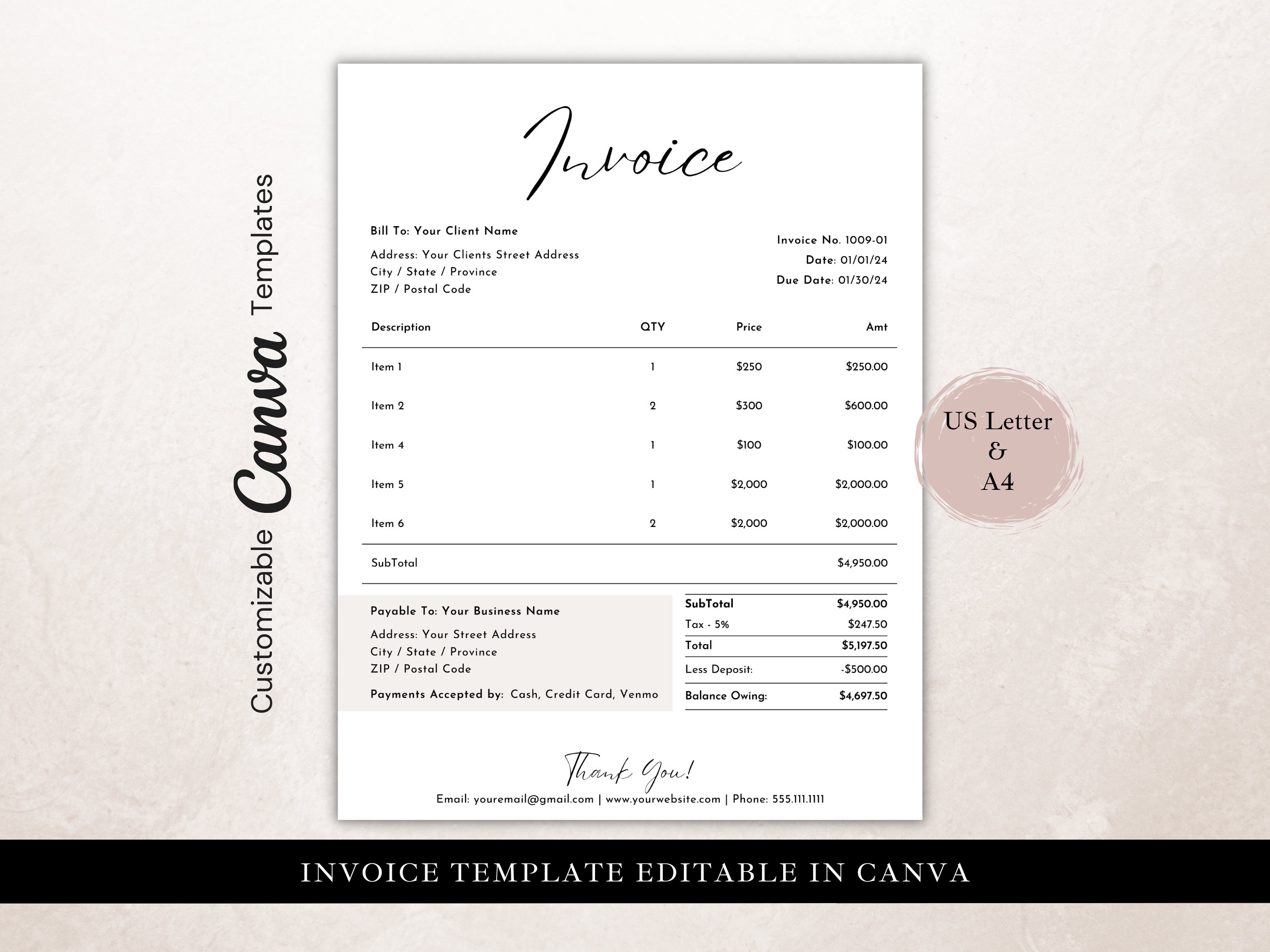 Invoice Template| Editable in Canva, Professional Business Invoice ...