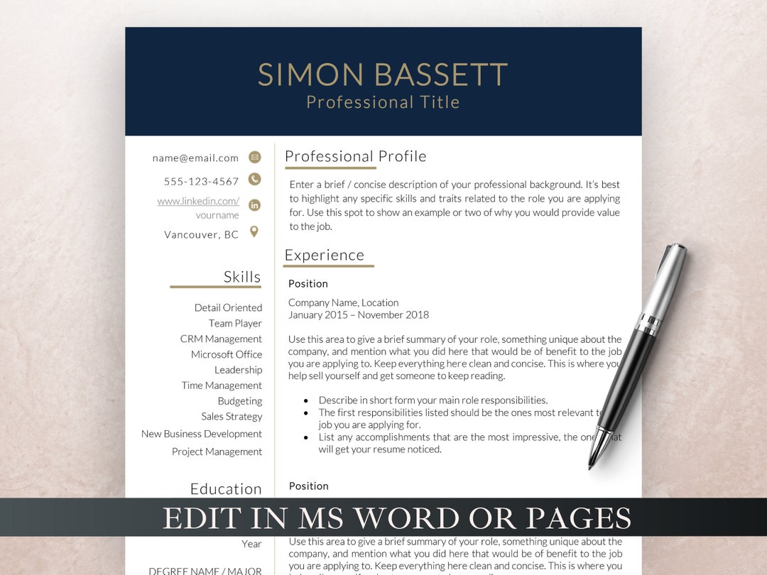 Professional Executive Resume Template, Modern Resume for Word and ...