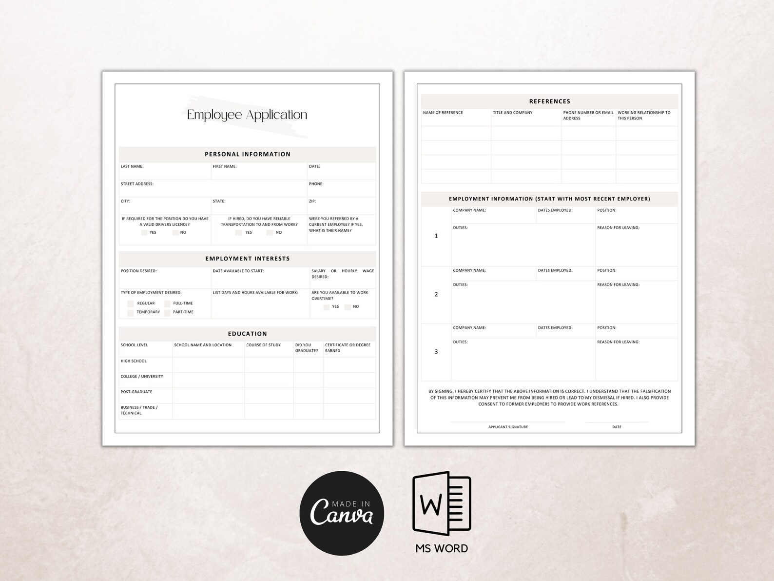 Employment Application Form, Editable in CANVA and MS Word, Forms for ...