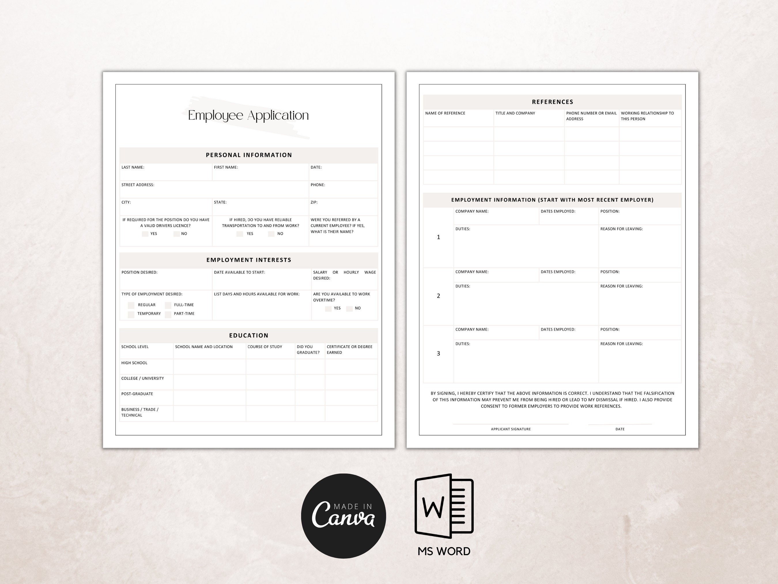 Employment Application Form, Editable in CANVA and MS Word, Forms for ...