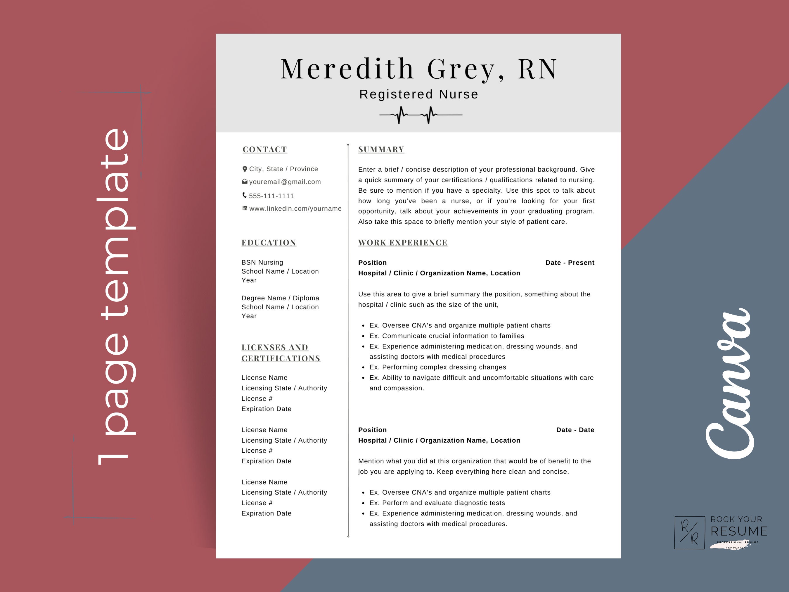Nurse Resume Template, Nursing Resume Edit in Canva, Healthcare Resume ...