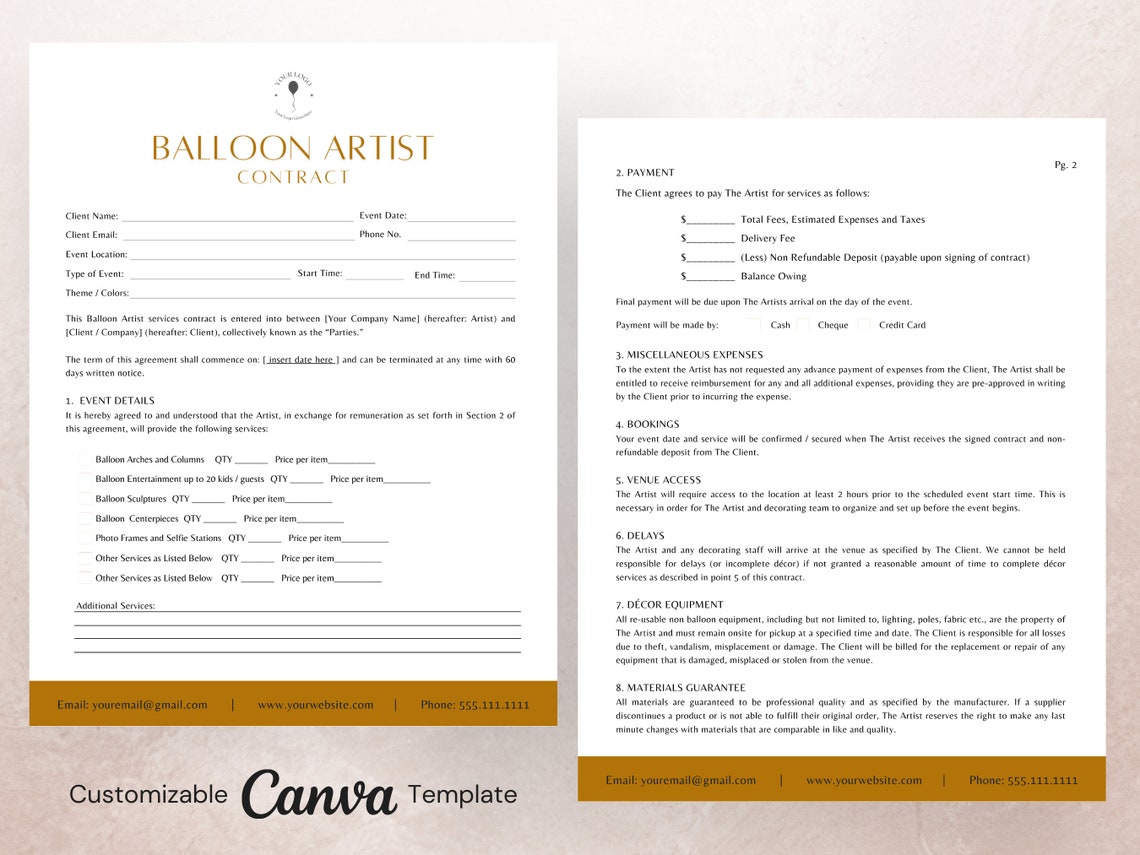 Balloon Artist Contract Balloon Stylist Agreement Balloon - Etsy