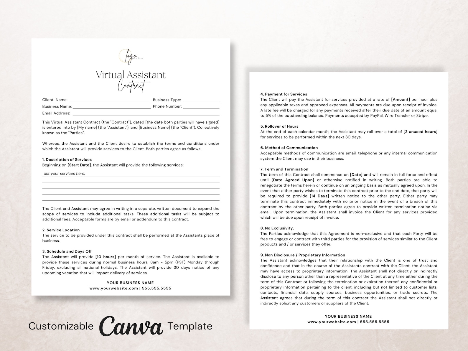 Virtual Assistant Contract Template and Intake Form, VA Contract ...